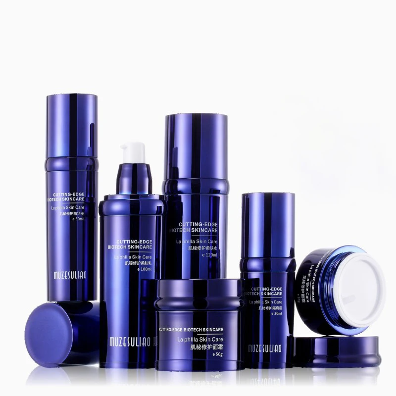 Luxury Blue Cosmetic Plastic Bottle And Jar Set Packaging 100ml Airless ...