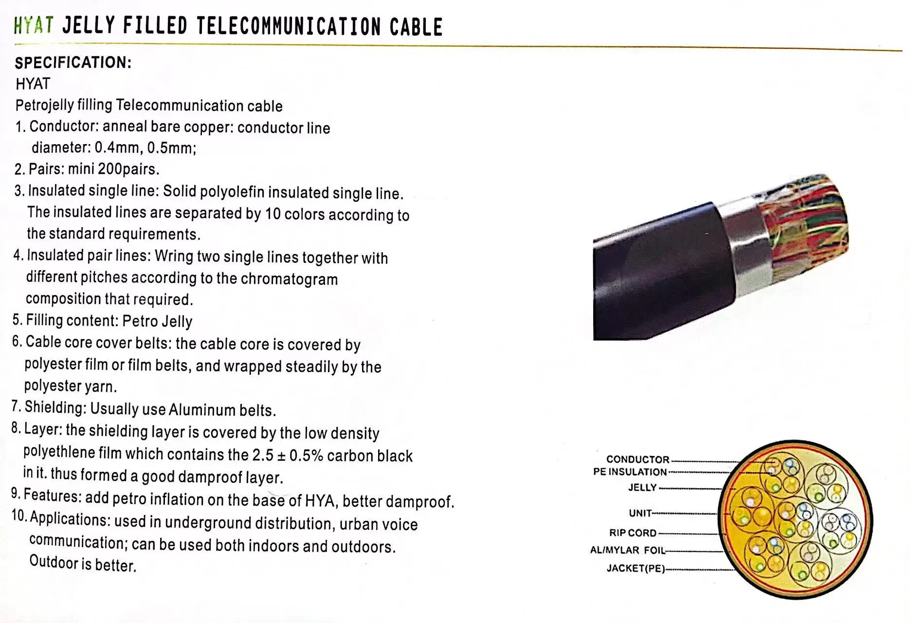 1-300 pairs copper CCA HYAT HYAC HYA multi pair telephone cable jelly ...