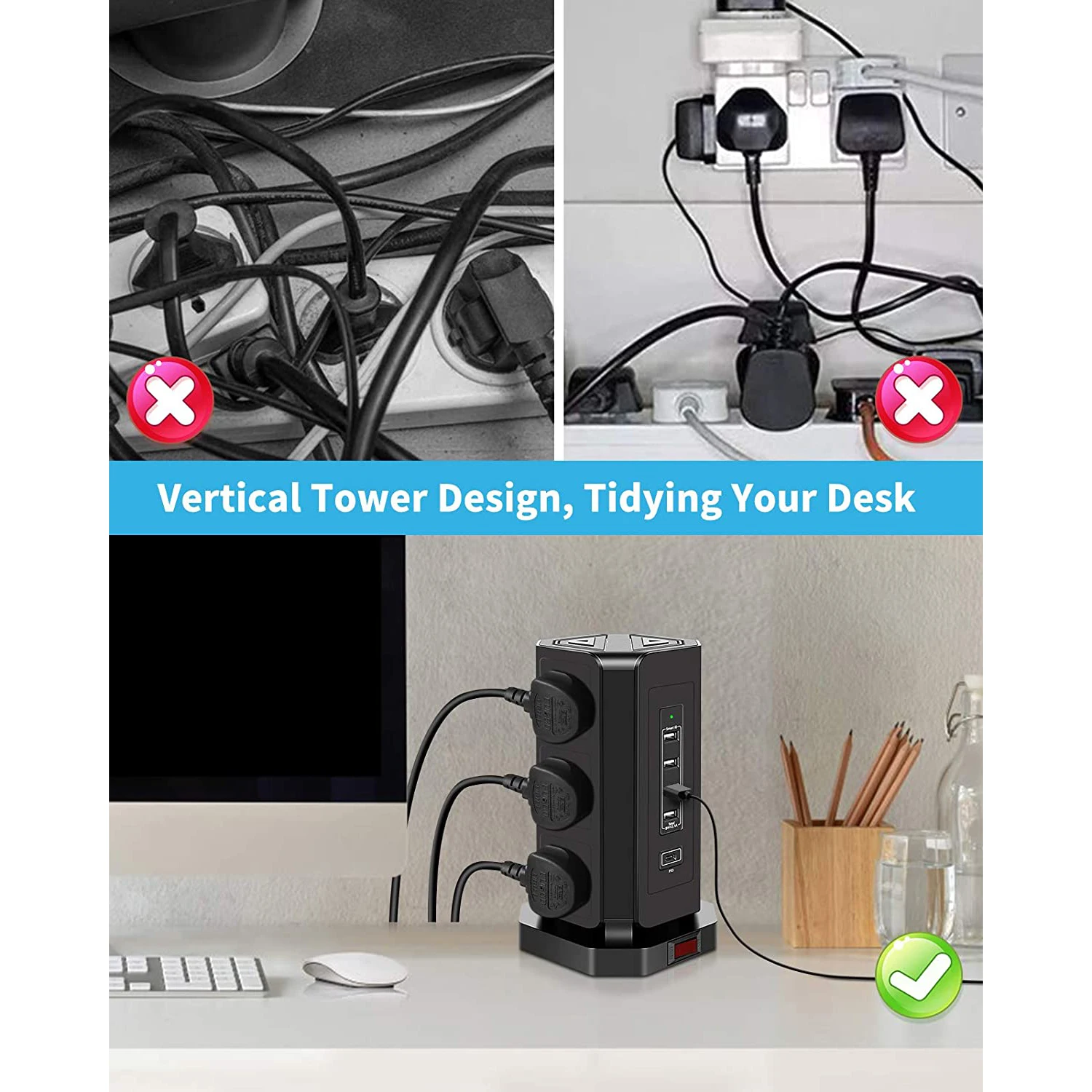 Office Table Power Extension Board - 9AC Outlets & USB Ports