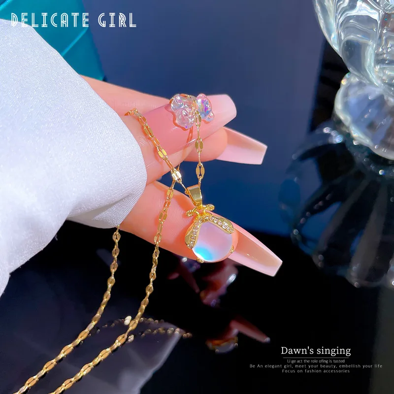 Sparkling Micro Diamond Bee Pendant Necklace Stainless Steel Chain Gold ...