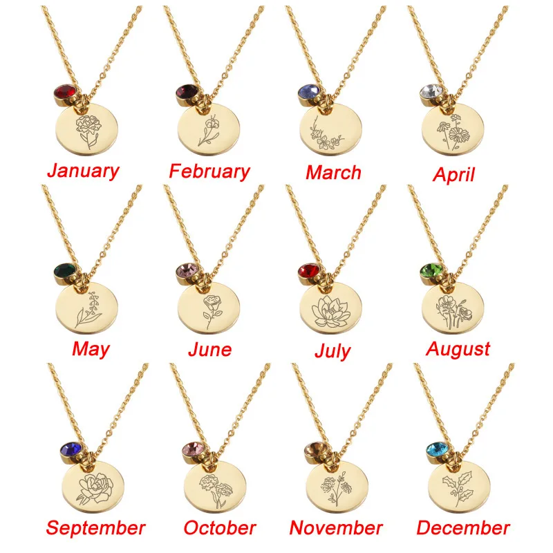 Stainless Steel Birth Flower Birthstone Pendant Necklace