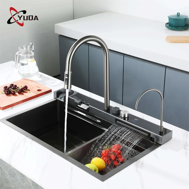 Modern Multifunction Kitchen Sink - Black Waterfall Faucet, Stainless ...