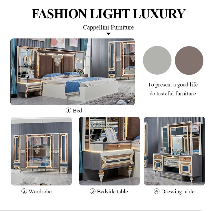 Modern Design Mirrored Headboard Queen Size Double Upholstered Bed Room ...