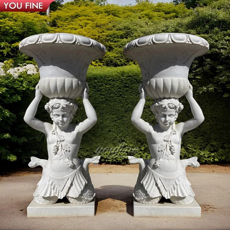 Outdoor Garden Large Antique Marble Murloc Statue Planter