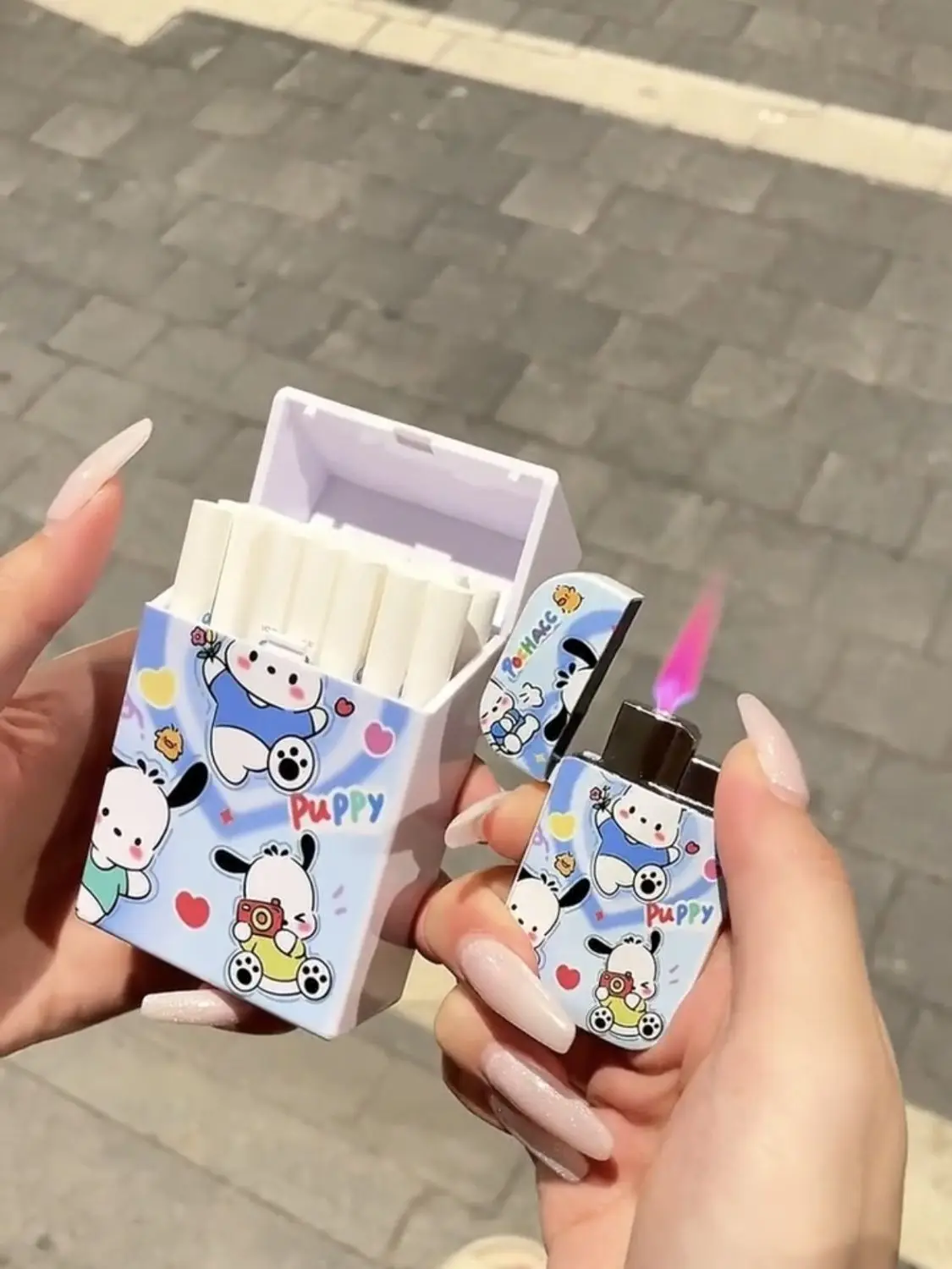 Cartoon Kuromi Hello Kitty Cigarette Case And Lighter Set Windproof Gas ...