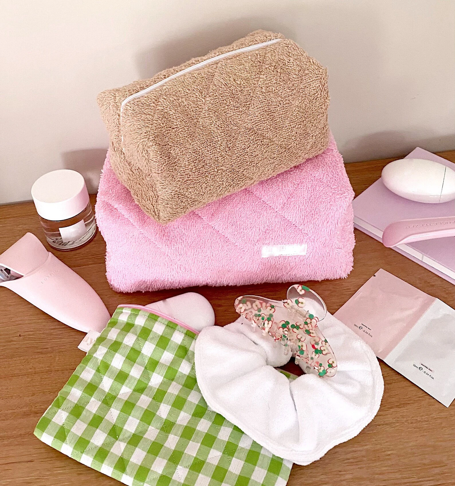 2022 Green Terry Cloth Teddy Brown Terry Towelling Cosmetic Bag Travel ...