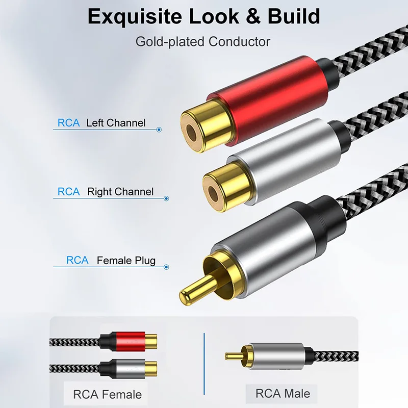 RCA Y Splitter Cable - 1 Male to 2 Female Stereo Adapter