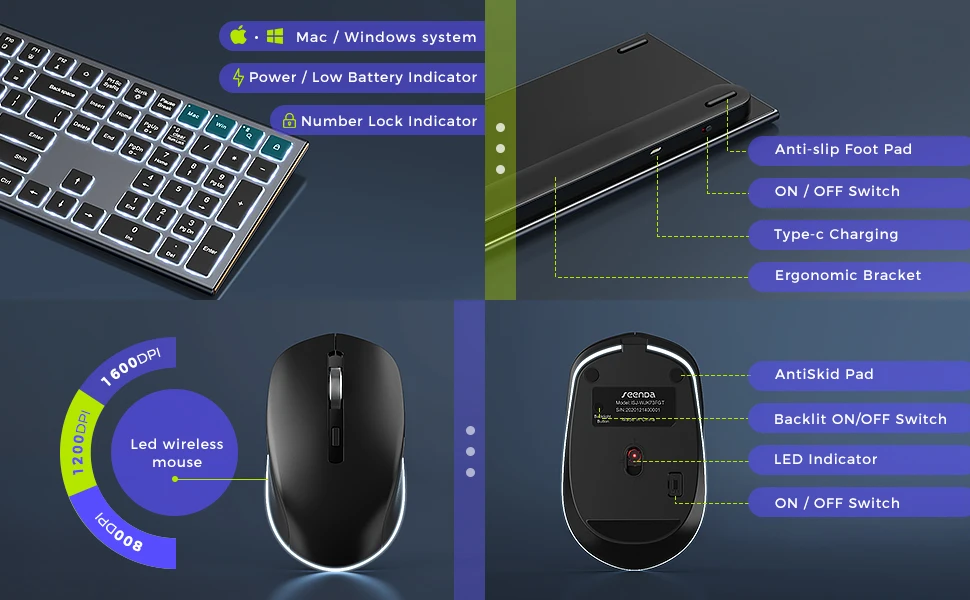 Seenda Rechargeable Ergonomic Keyboard & Mouse Rgb Backlit Keyboards ...