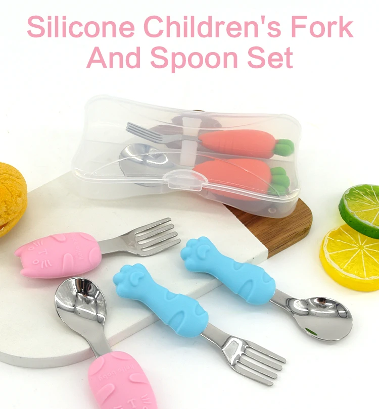 New Stainless Steel Spoon And Fork Set Carrot Children Training ...