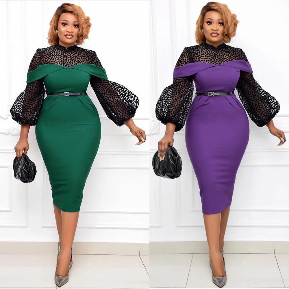 Wholesale women fashion polka dot dress with lantern sleeve slim office dress with belt