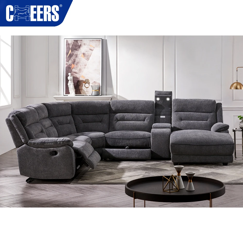 MANWAH CHEERS Grey Fabric Living Room Sofa - 5-seater