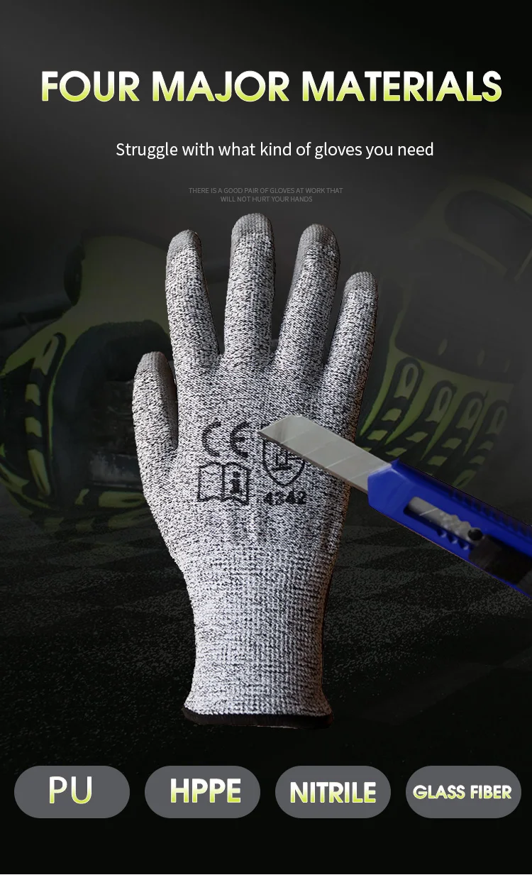 Hppe En388 Glass Garden Protective Industry Anti Cut Level 5 Pu Coated Construction Work Safety ...