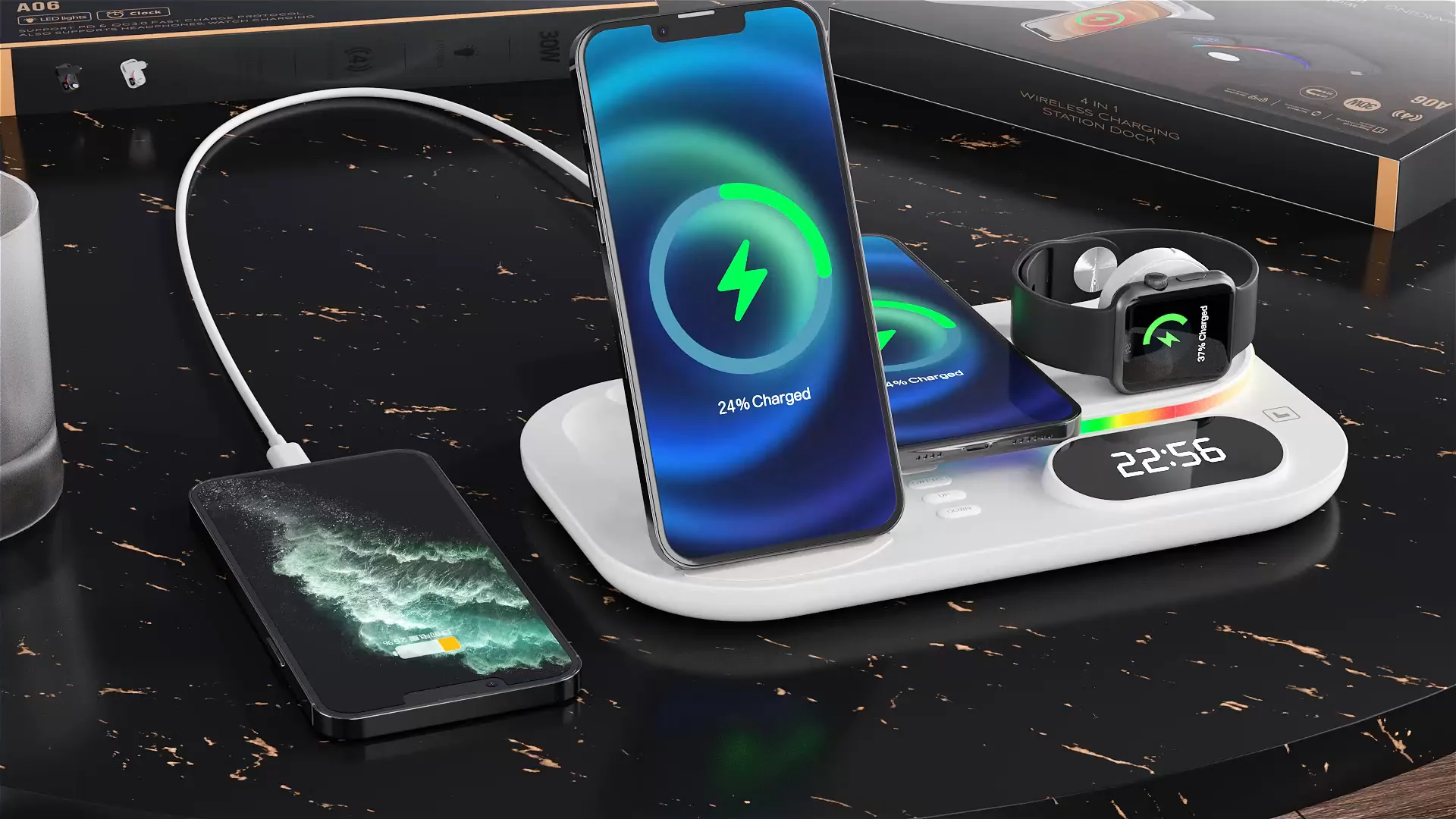 Led Light Wireless Charging Stand 15w Folding Charging Station 4 In 1 ...