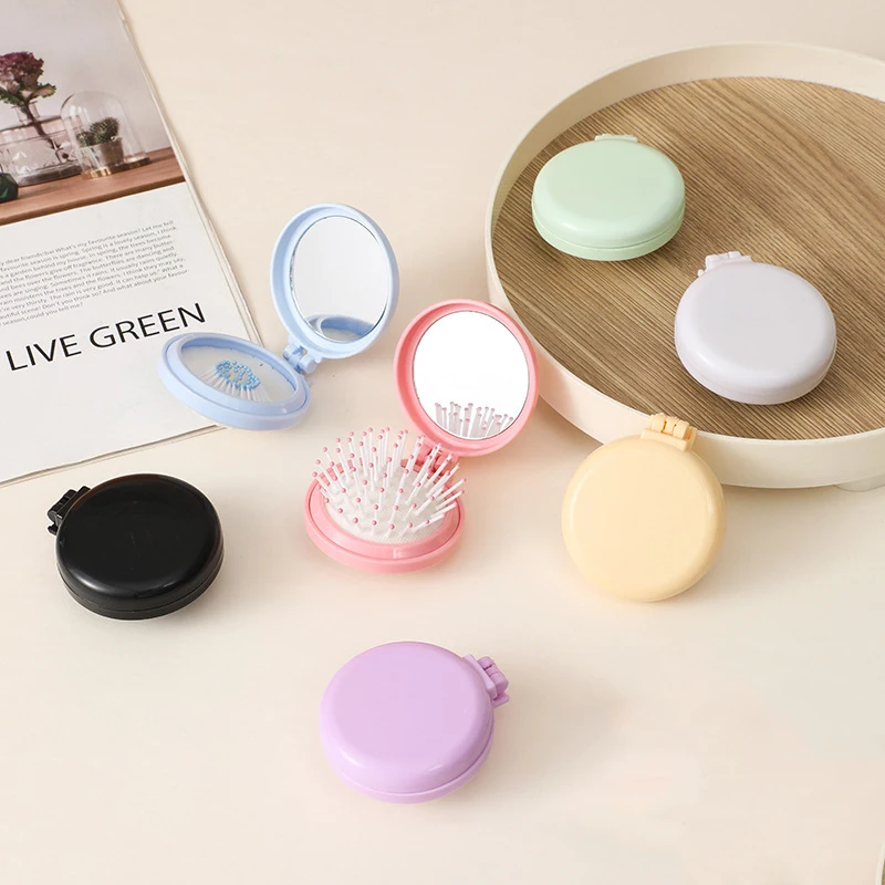 Cute Round Travel Hair Brush Mirror Kit Folding Pocket Mini Makeup ...
