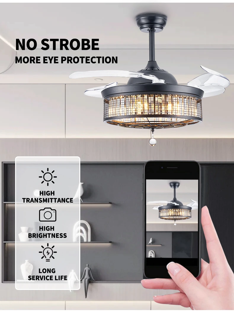 42 Inch High Grade Crystal Invisible Ceiling Fan With Light With 3 ...