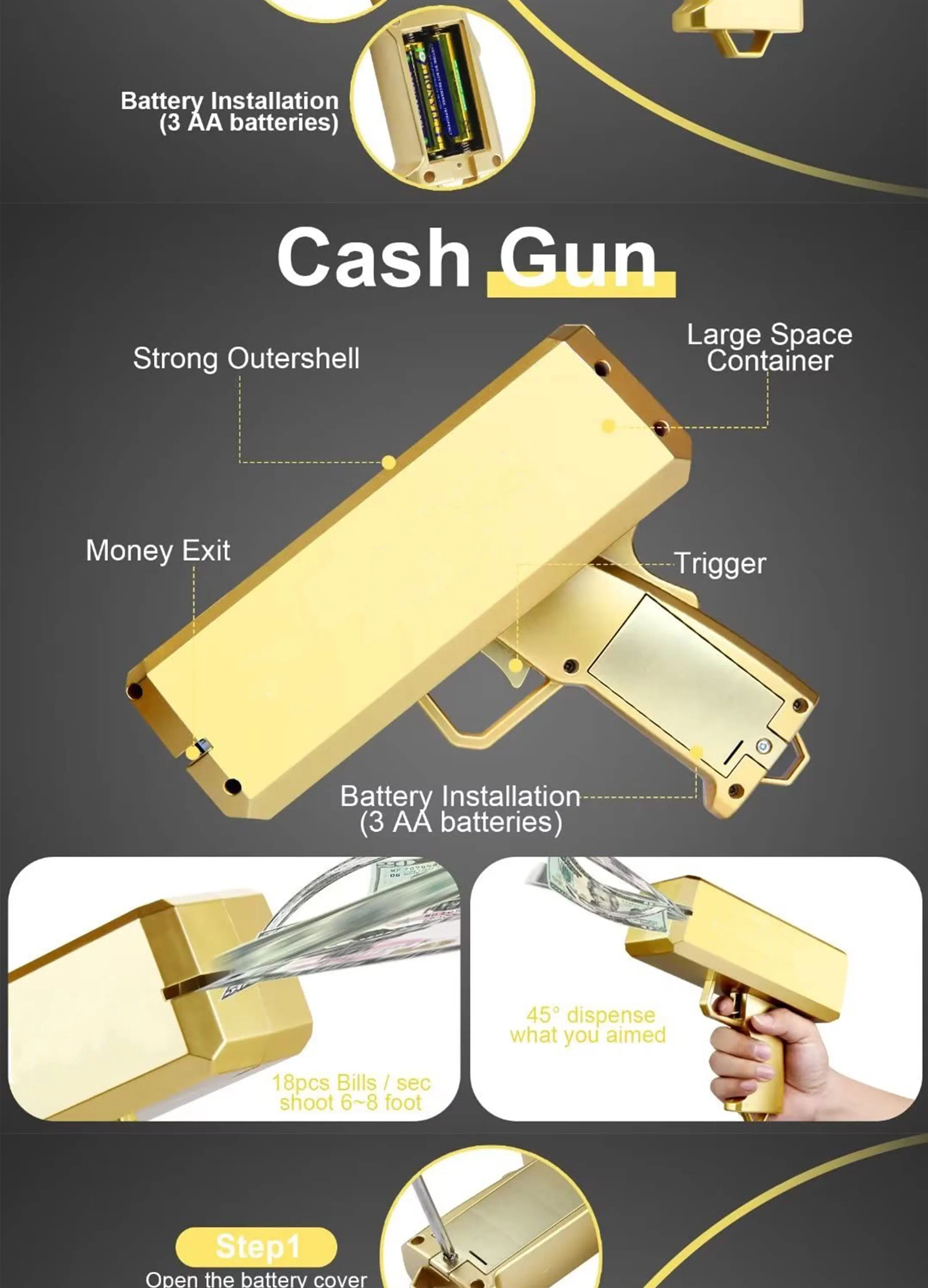 2023 Gold Money Gun Make Cash Money Rain Super Plastic Gun Toy Shot ...
