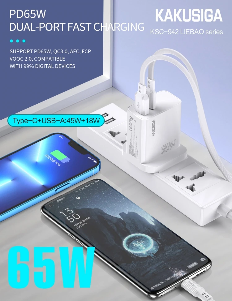 Kakusiga 2023 Portable Dual Port Pd65w 5v/3a 9v/3a 12v/3a Fast Charging ...