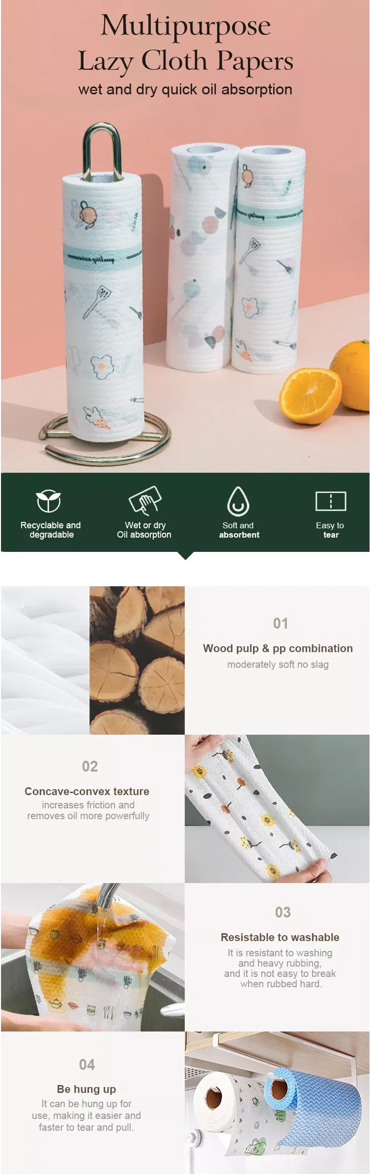 Reusable Kitchen Paper Custom Printing Natural Wood Pulp Non Woven ...