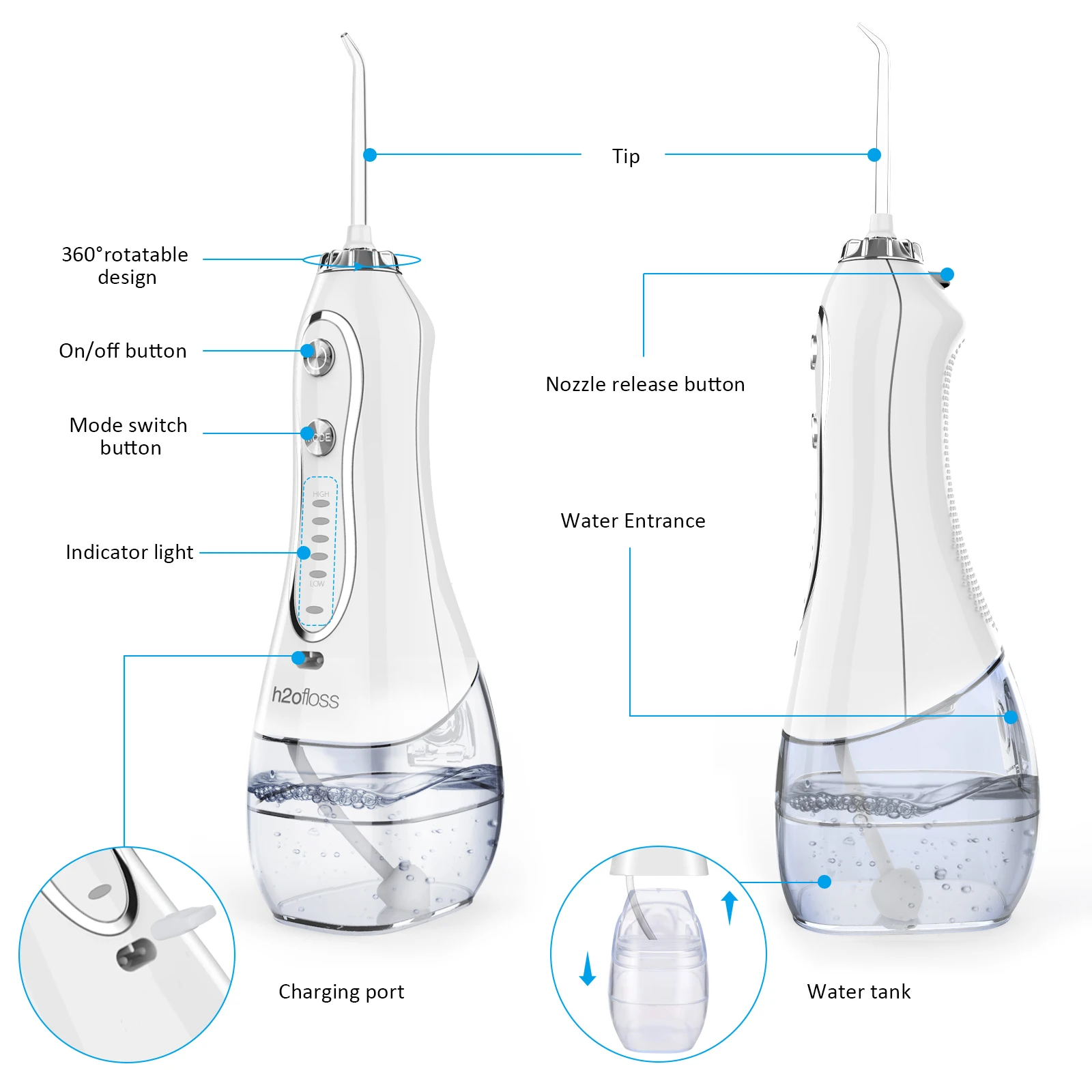H2ofloss Portable 2500mAh Electric IPX7 Waterproof Dental Flosser 300ml ...