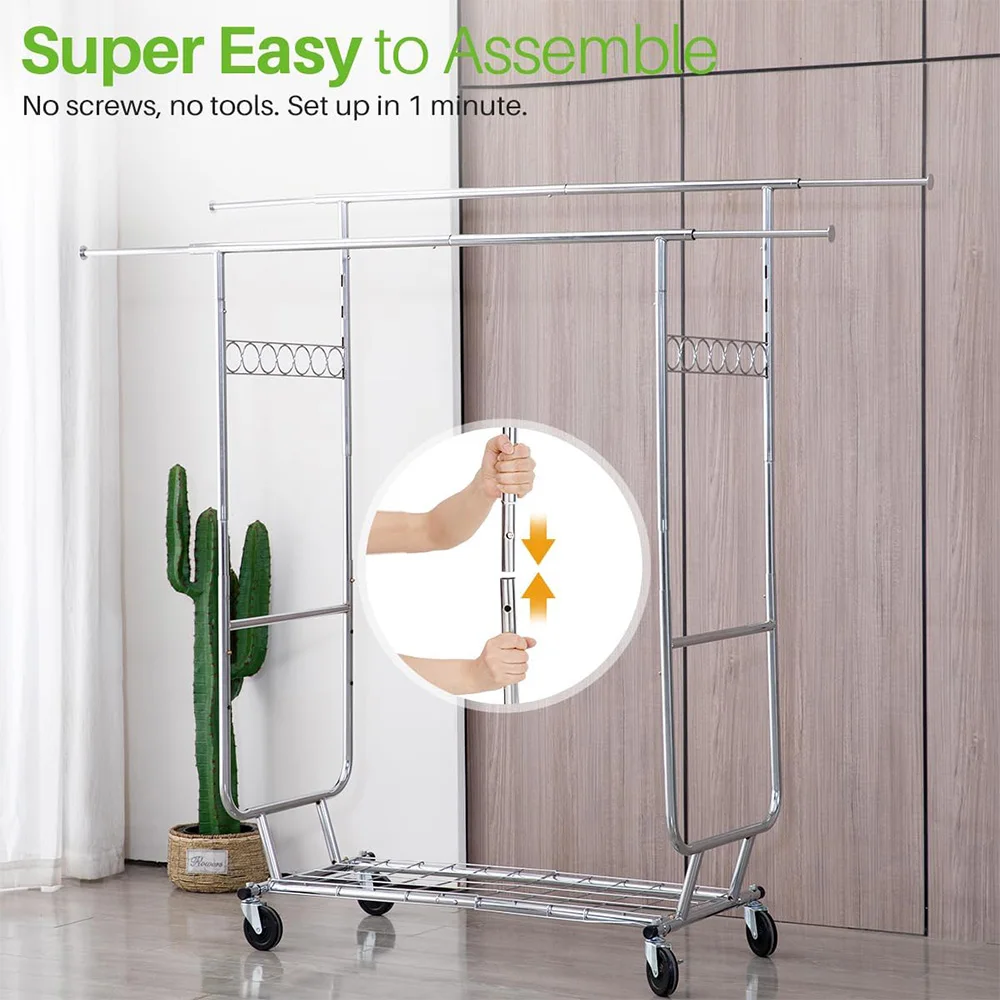 Heavy Duty Clothing Rack Collapsible Garment Rack with Wheels Double ...