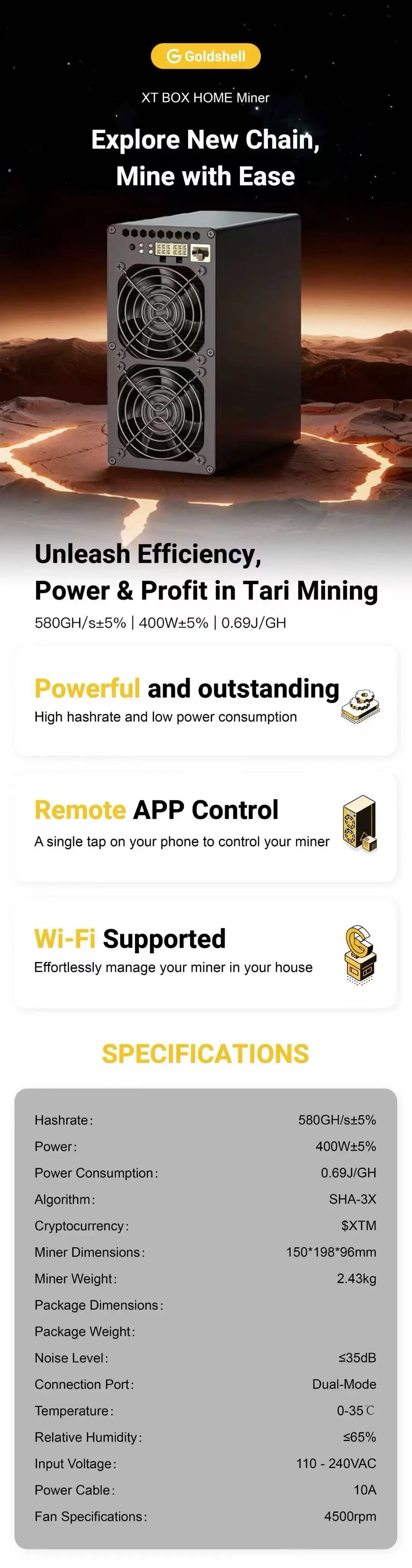 ASIC Miner Home Miner Goldshell Miner XT-BOX 580Gh 400W SHA3x Algorithm ...