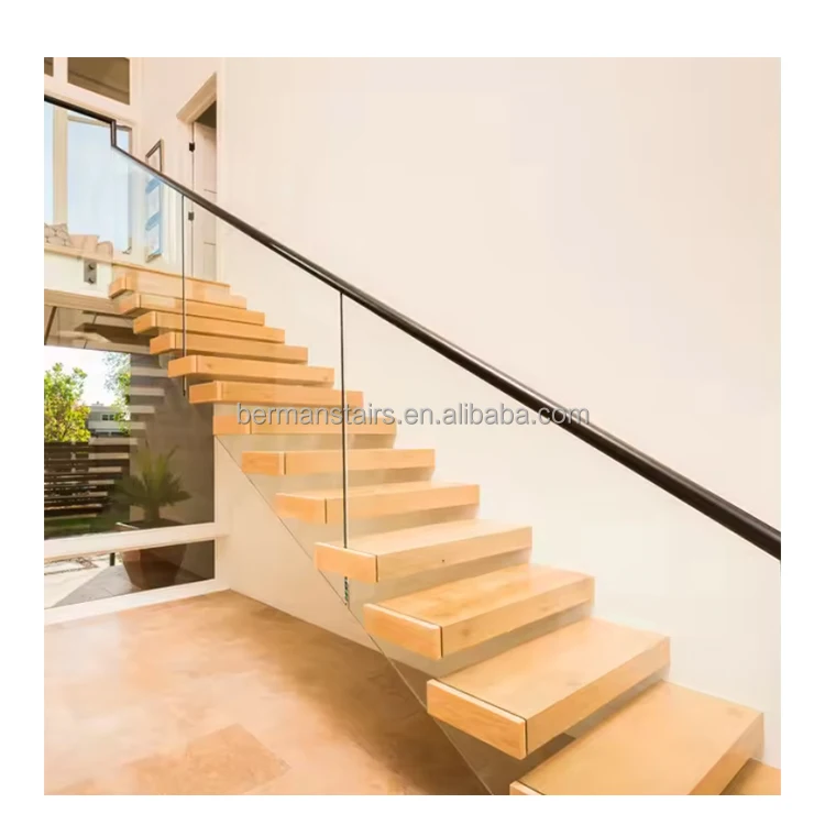 Modern Suspended Embedded Beam Glass Wooden Step Floating Staircase Led ...