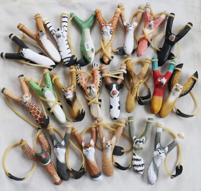 Handmade Wood Carving Cartoon Animal Slingshot for Children Toys