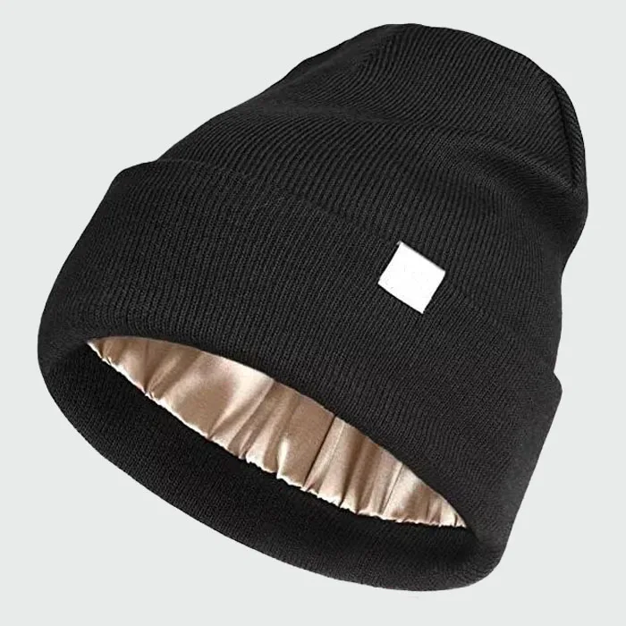 Custom Logo Cotton Knit Beanie with Satin Lined Beanie Silk Inside