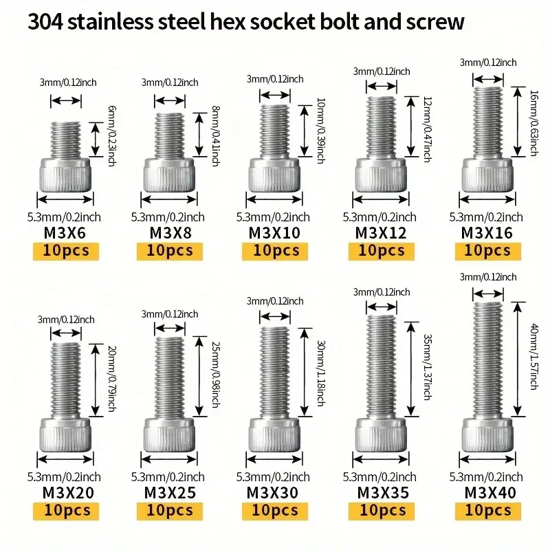 M3x0.5mmx8mm Stainless Steel 304 316 Socket Head Cap Screws Hex Key ...