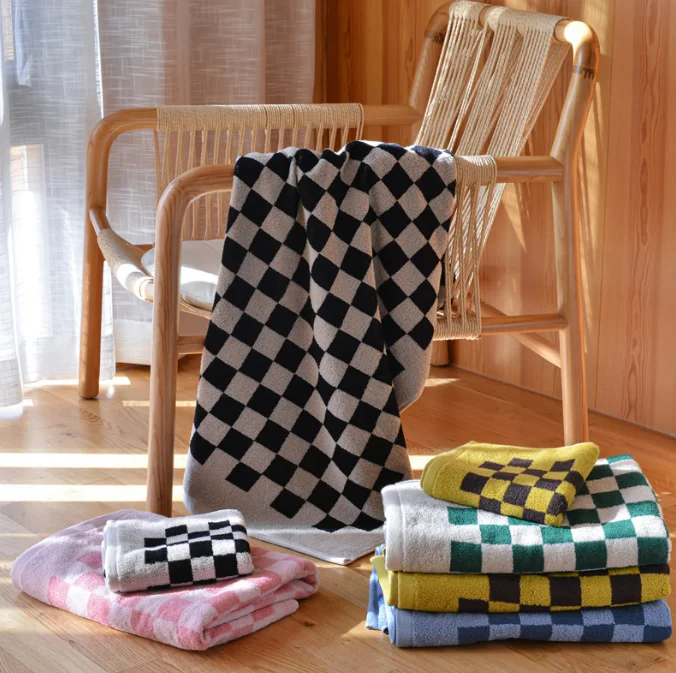 Cotton Jacquard Checker Bath Towels - Soft & Eco-friendly
