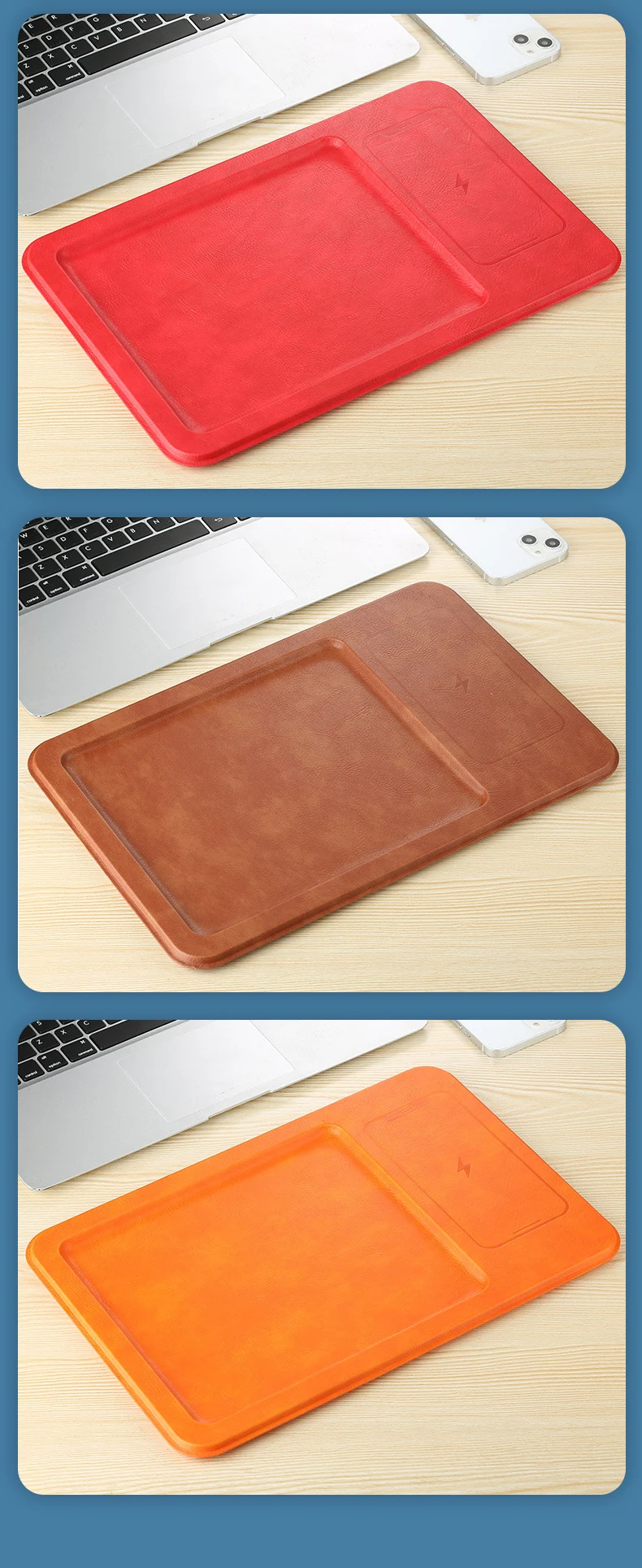 Wood Frame, PU Leather Cover Wireless Fast Charging Storage Valet Tray ...