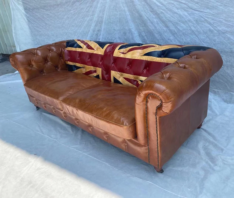 Vintage Leather Sofa with Union Jack Flag - Chesterfield