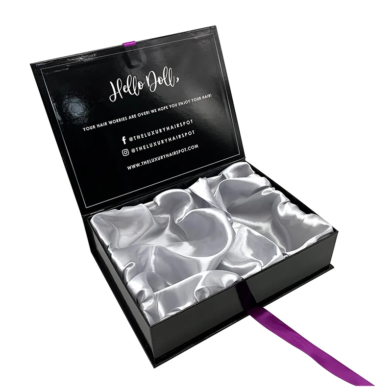 Custom Logo Black Wig Packaging Box With Silk Satin Lined Luxury ...