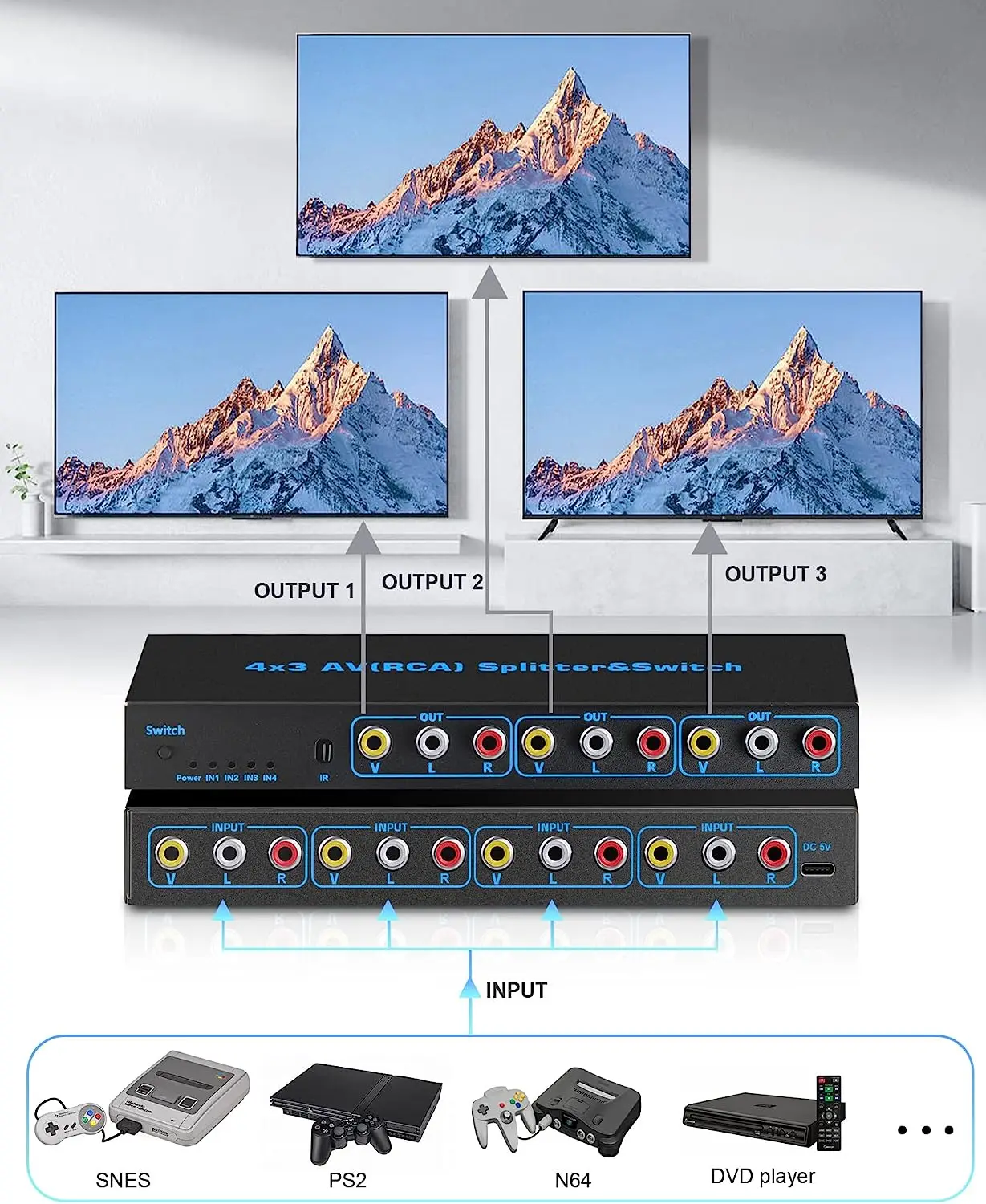 Rca Av Splitter Switch 4 In 3 Out Rca Switcher Box Video L/r Stereo ...