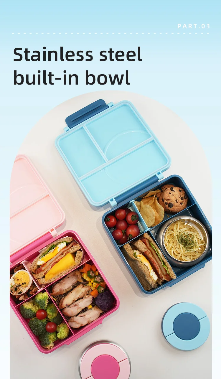 Kids Lunch Box 4 Compartment Bento Box with Stainless Steel Soup Cup No ...