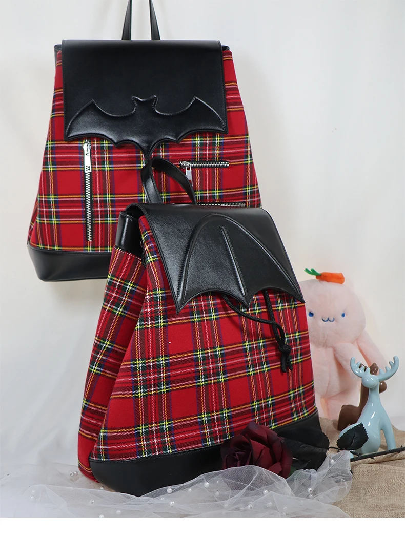 Custom Gothic Backpack Black Bat Flap Women's Bag Lattice Fabric ...