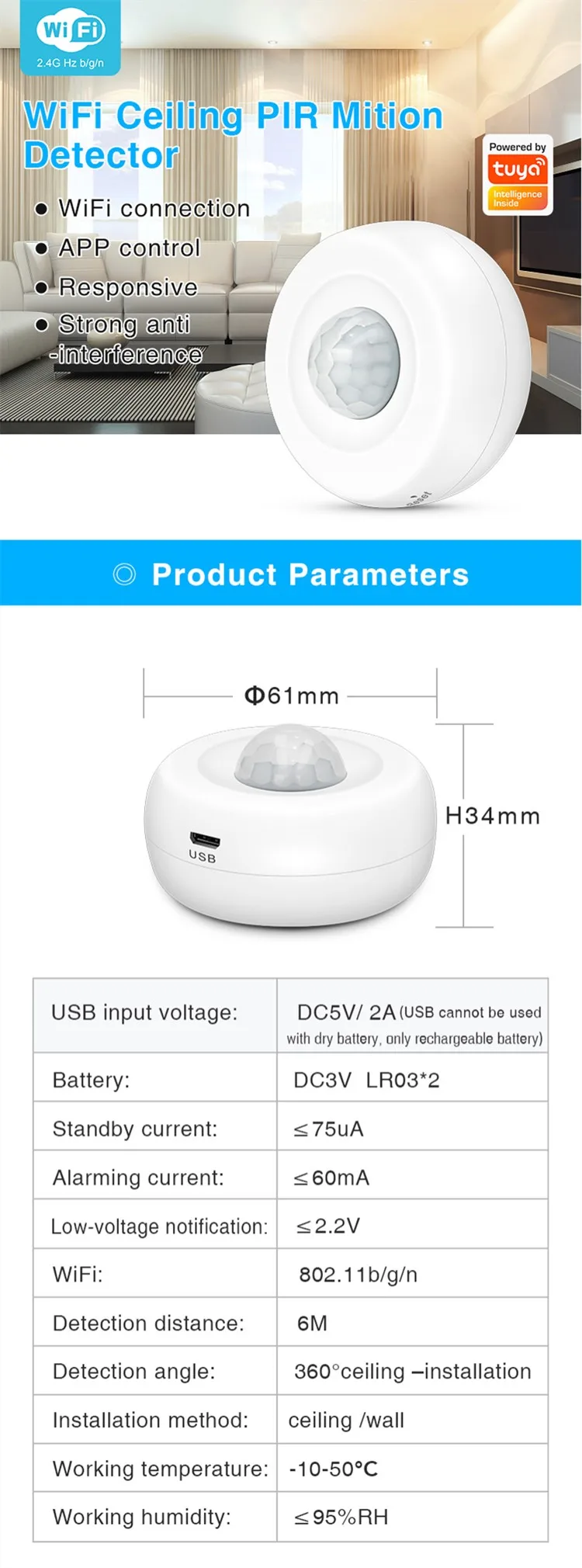 Wi-fi Ceiling Pir Motion Sensor 360 Omnidirectional Detecting Mobile ...