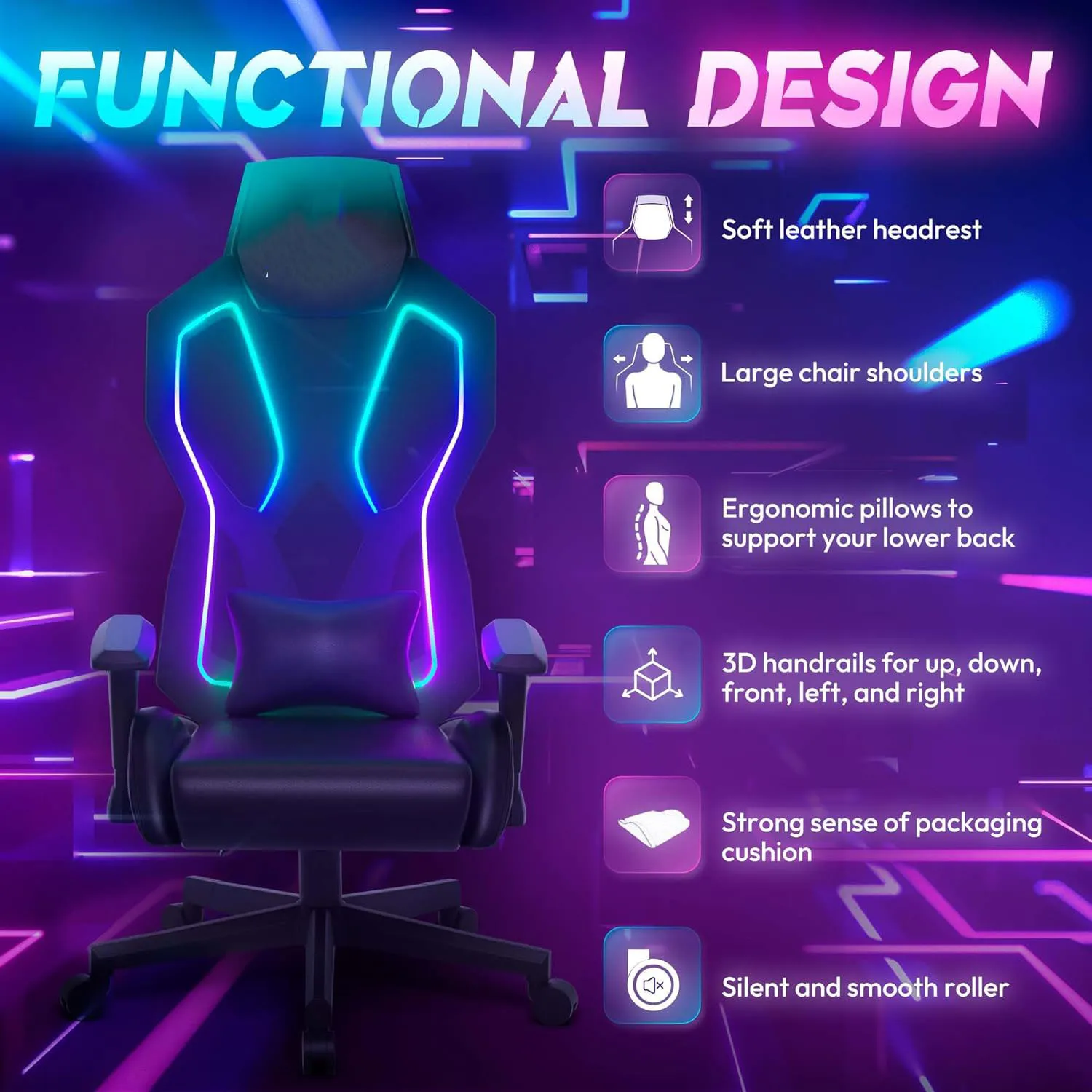 RGB Gaming Chair with LED Lights Ergonomic Computer Chair for Adults ...