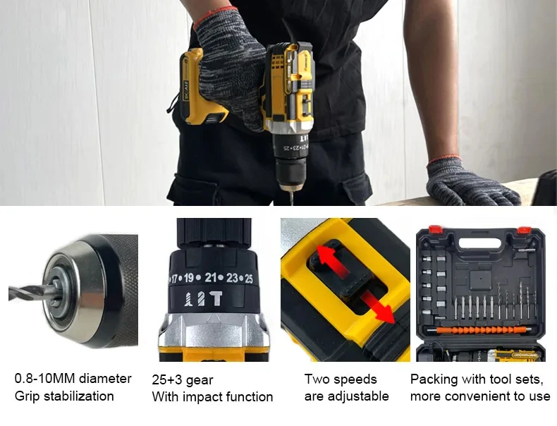 Popular 21V Cordless Drill Machine with 10mm Impact Brush Keyless Chuck ...