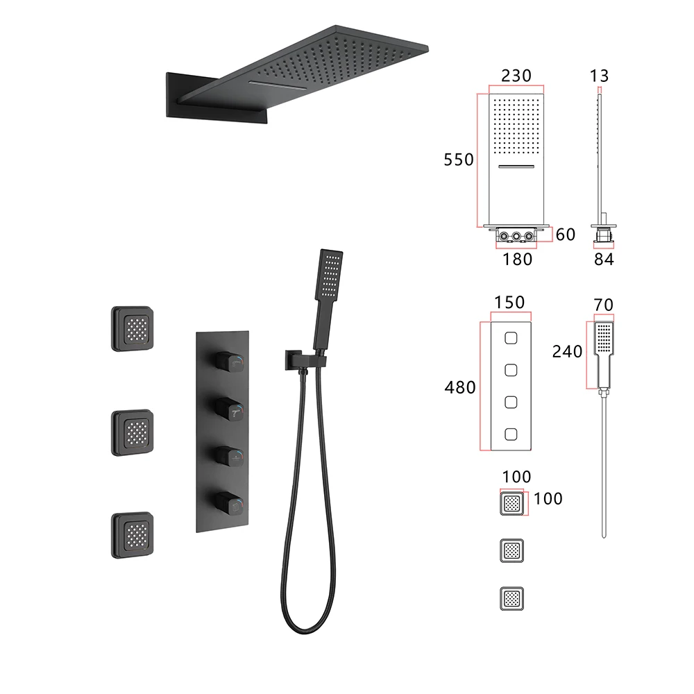 Black Concealed Shower Set With Temperature Control,Wall Spray,And ...