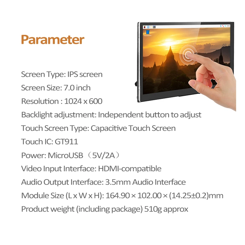 Raspberry Pi 7 Inch Touch Screen Lcd Display 1024x600 With Speakers