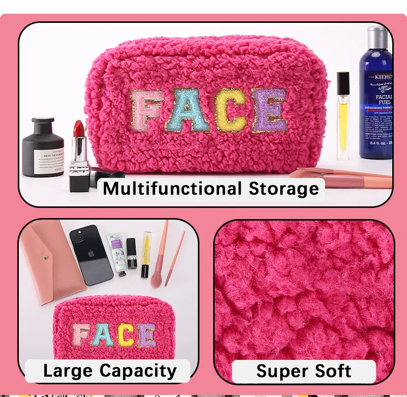New Terry Cloth Women Makeup Bag Chenille Embroidery Teddy Velvet Women ...