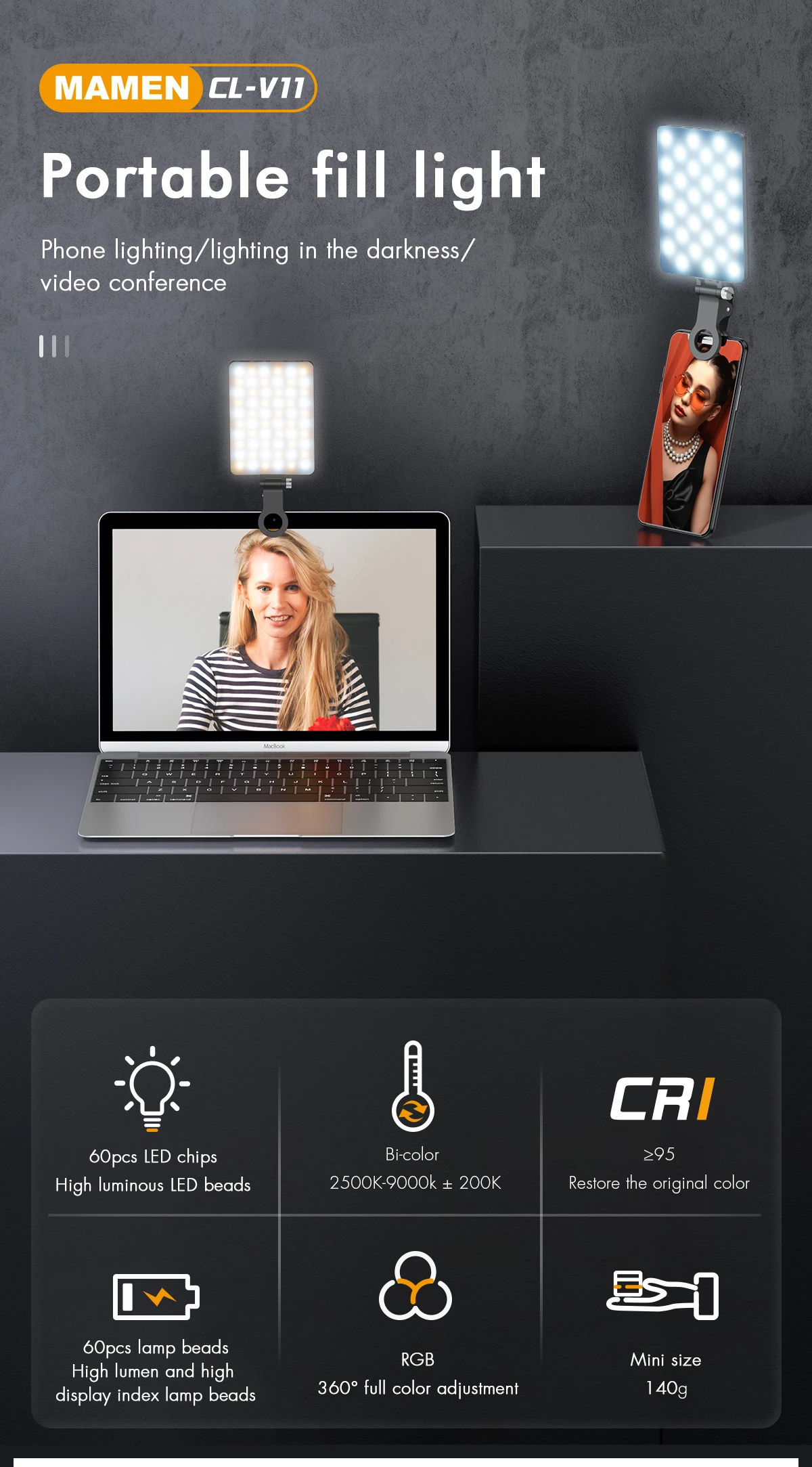 Rechargeable Cl-v11 Portable Rgb Led Video Light With Clip Smartphone ...