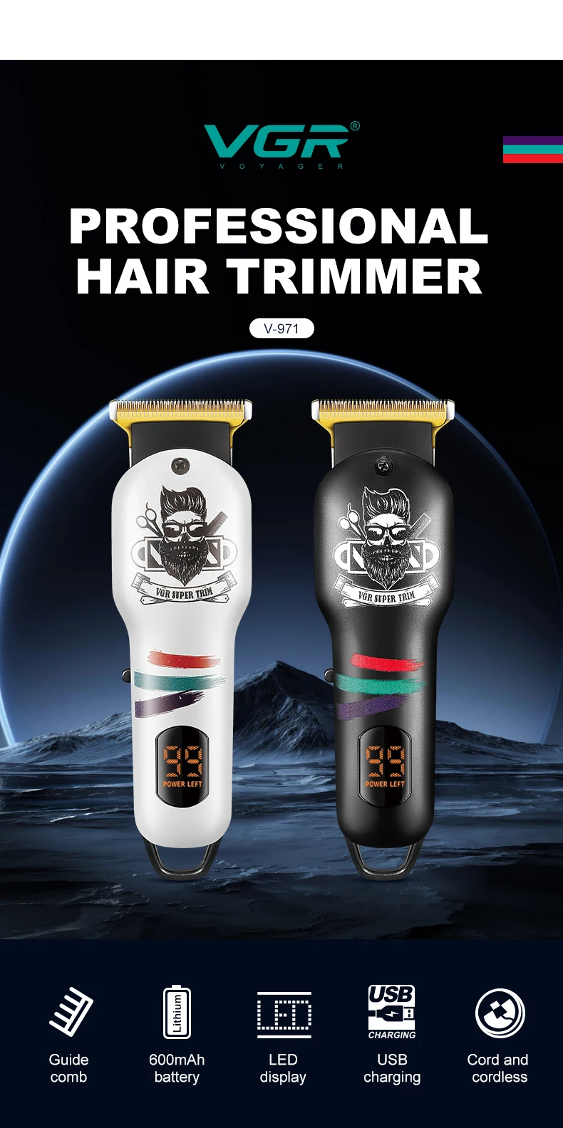 VGR V-971 Beard Trimmer - Professional Rechargeable Hair Trimmer