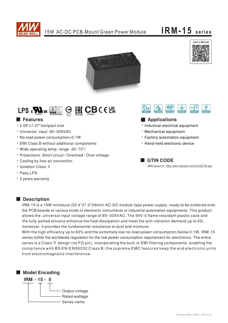 IRM-15-5 Mean Well Output 5V Open Frame 5V/3A/15W Single Dc Power ...