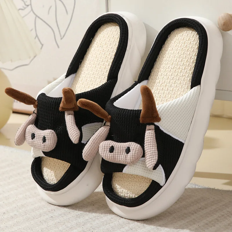 Creative Design Linen Highland Cow Animal Slippers Fashion Casual Cute ...