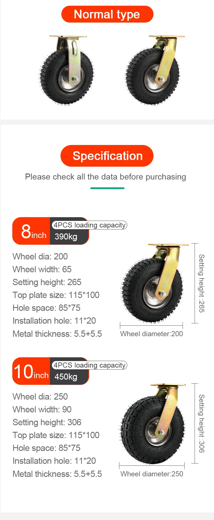 6" 8" 10" Inflatable Wheel Pneumatic Casters Pump Caster Trolley Wheels ...