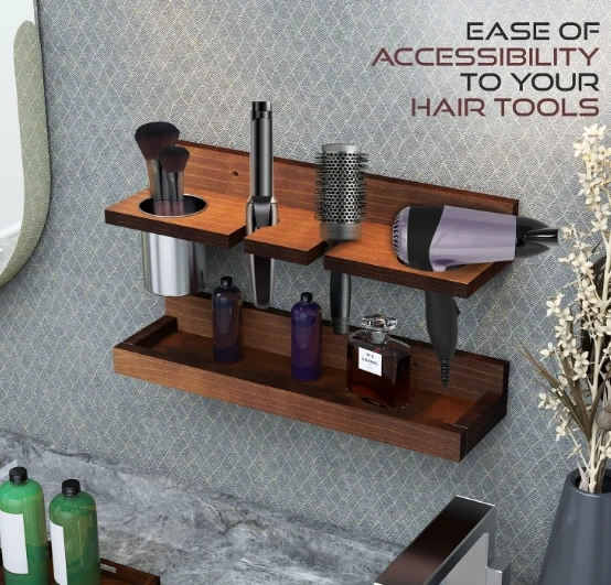 Wooden Hair Tool Organizer Wall Mounted Bathroom Hair Care Storage Hair ...
