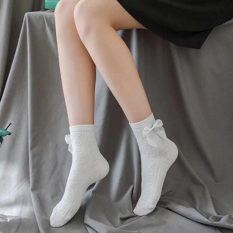 Lolita Long White Socks For Women Bow Decorative Border Luxury Socks Spring Girl Pretty Crew Socks