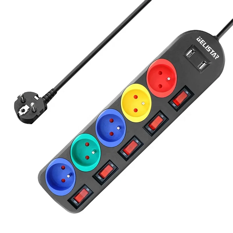 Colorful French Power Strip 5 Way 2 Usb With Individual Switch ...